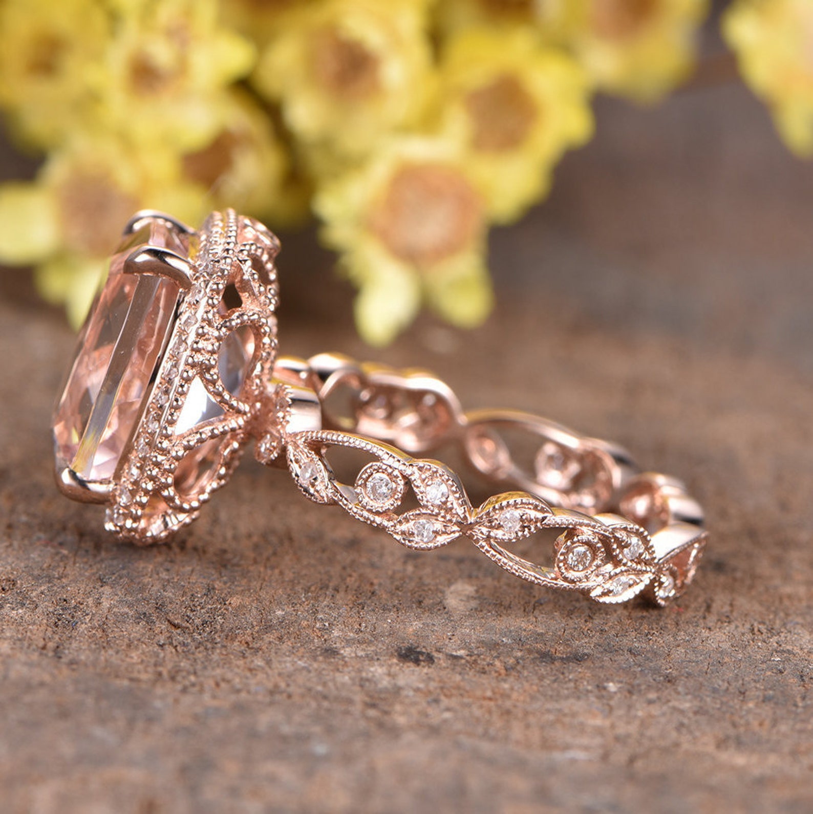 5ct Natural Morganite Engagement Ring Floral Band Promise Diamond Ring ...