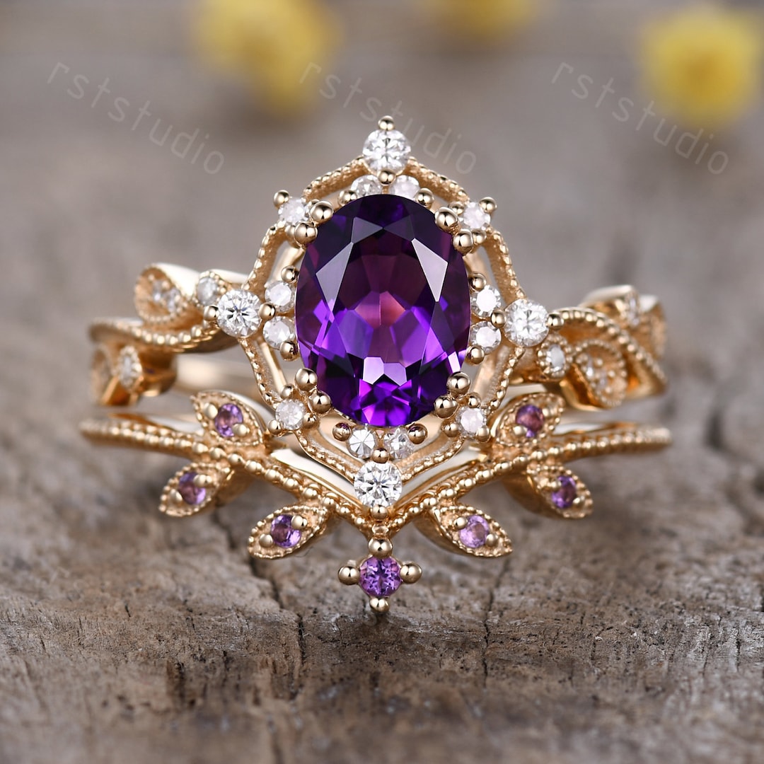 Antique Amethyst Engagement Ring Set 14k Gold Unique Amethyst Wedding ...