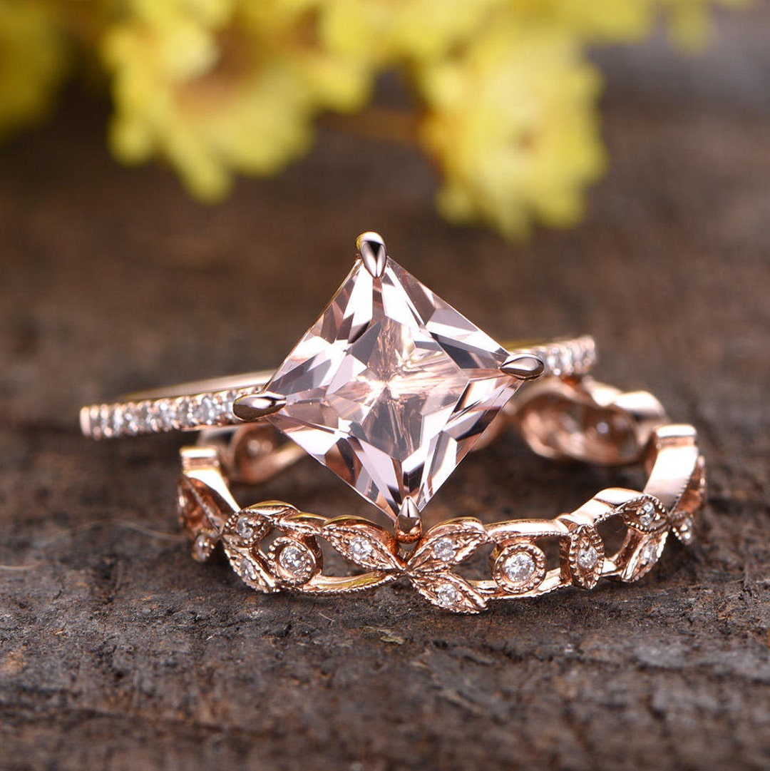 Unique Morganite Engagement Wedding Ring Set Morganite Ring Diamond ...