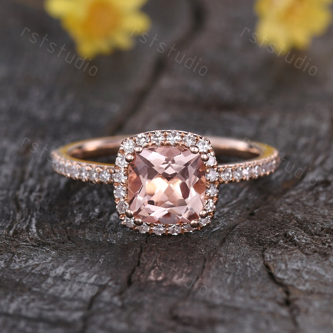 6mm Morganite Engagement Ring Rose Gold Bridal Ring Diamond Wedding Ring Cushion Morganite Ring ...