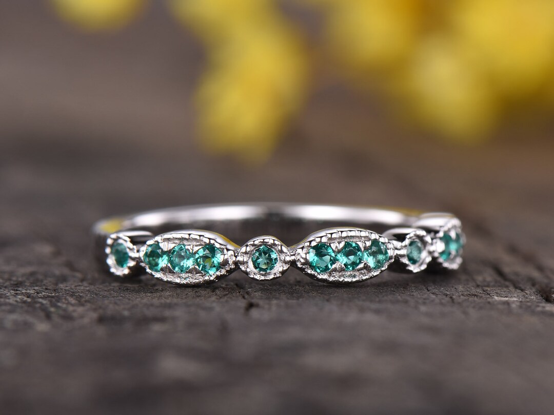 Green Emerald Wedding Band Stacking Green Gemstone Wedding Ring 14K ...