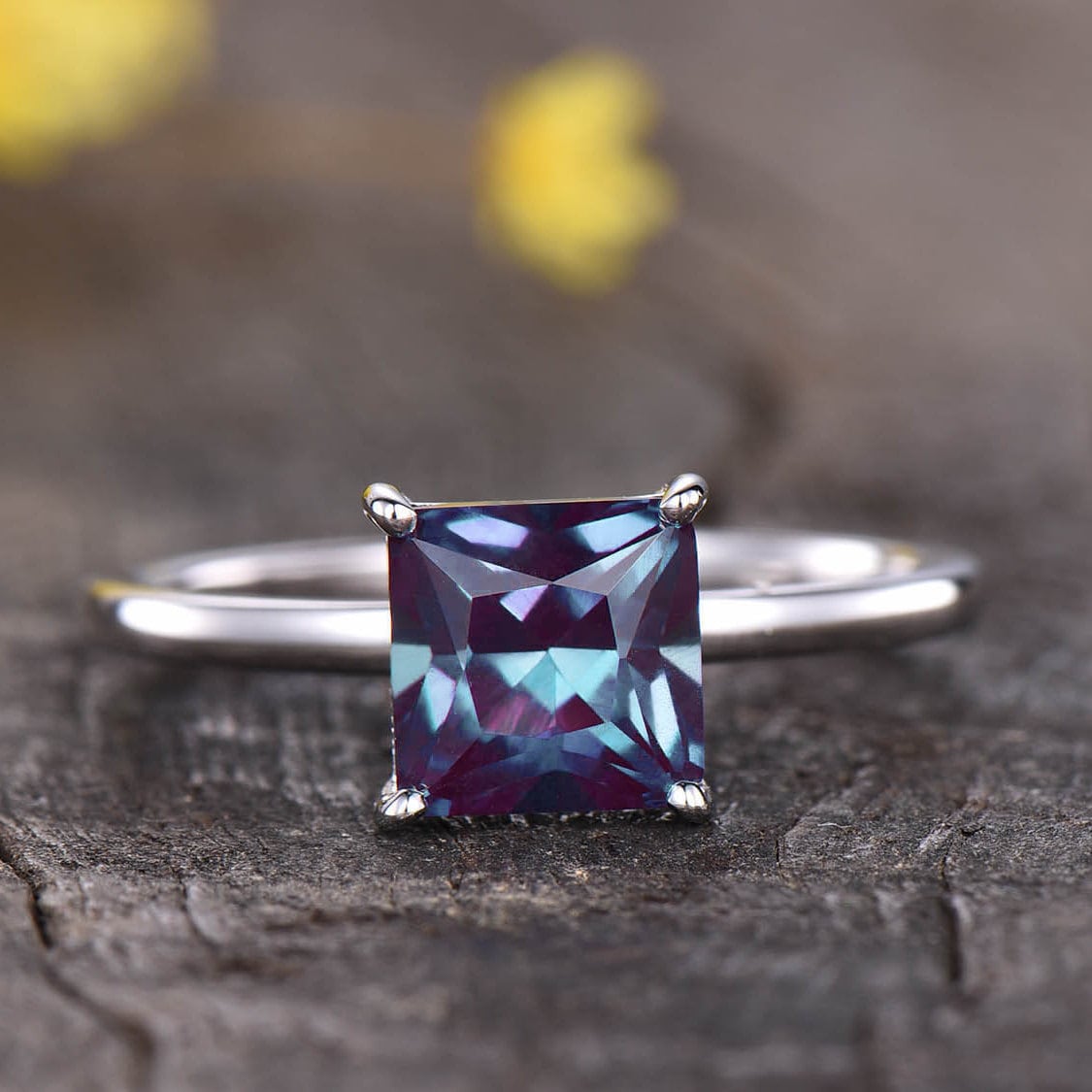 Alexandrite Engagement Ring, Princess Cut, 14K White Gold Band - Etsy