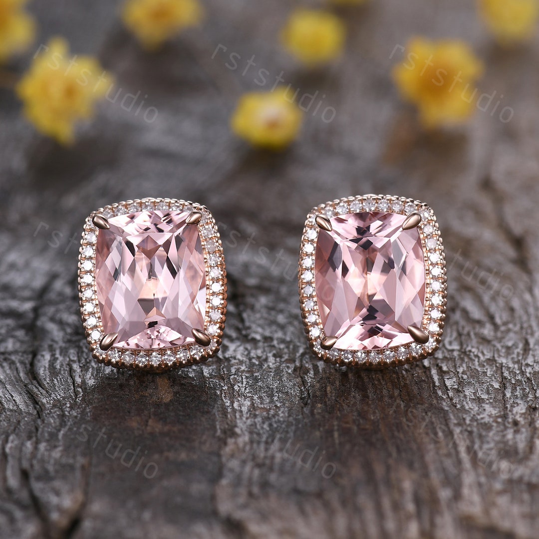 8x10mm Cushion Cut Morganite Earrings,minimal Pink Morganite Stud ...