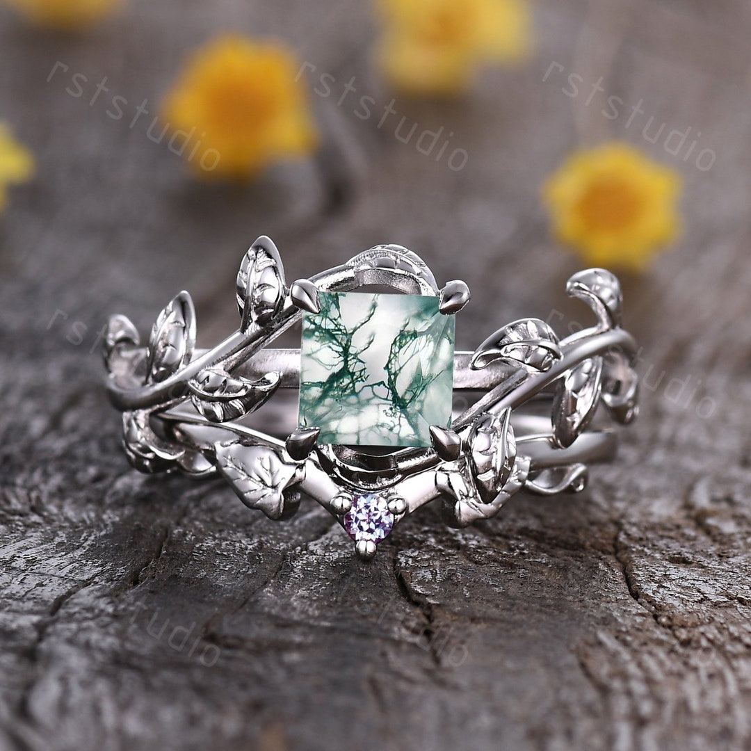 Unique Princess Cut Moss Agate Engagement Ring Set Sterling Silver ...