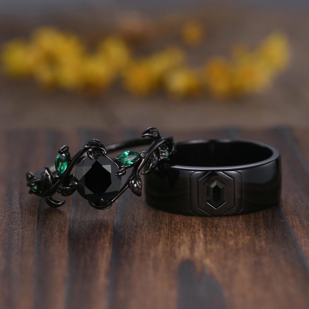 Gothic Hexagon Black Onyx Couples Ring Set Silver Black Ring Plain ...