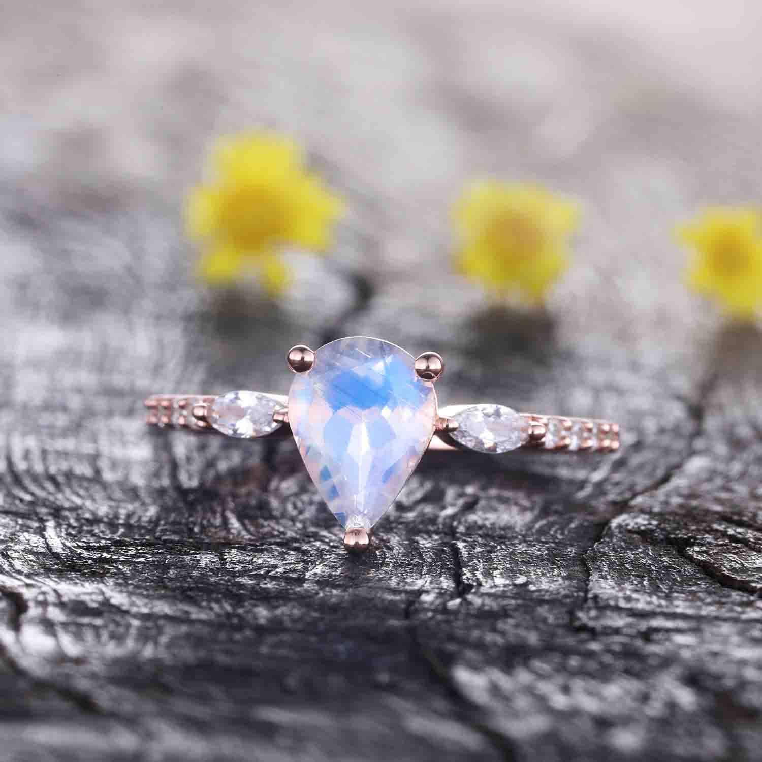 Pear Shaped Moonstone Engagement Ring Marquise Moissanite Wedding Ring ...