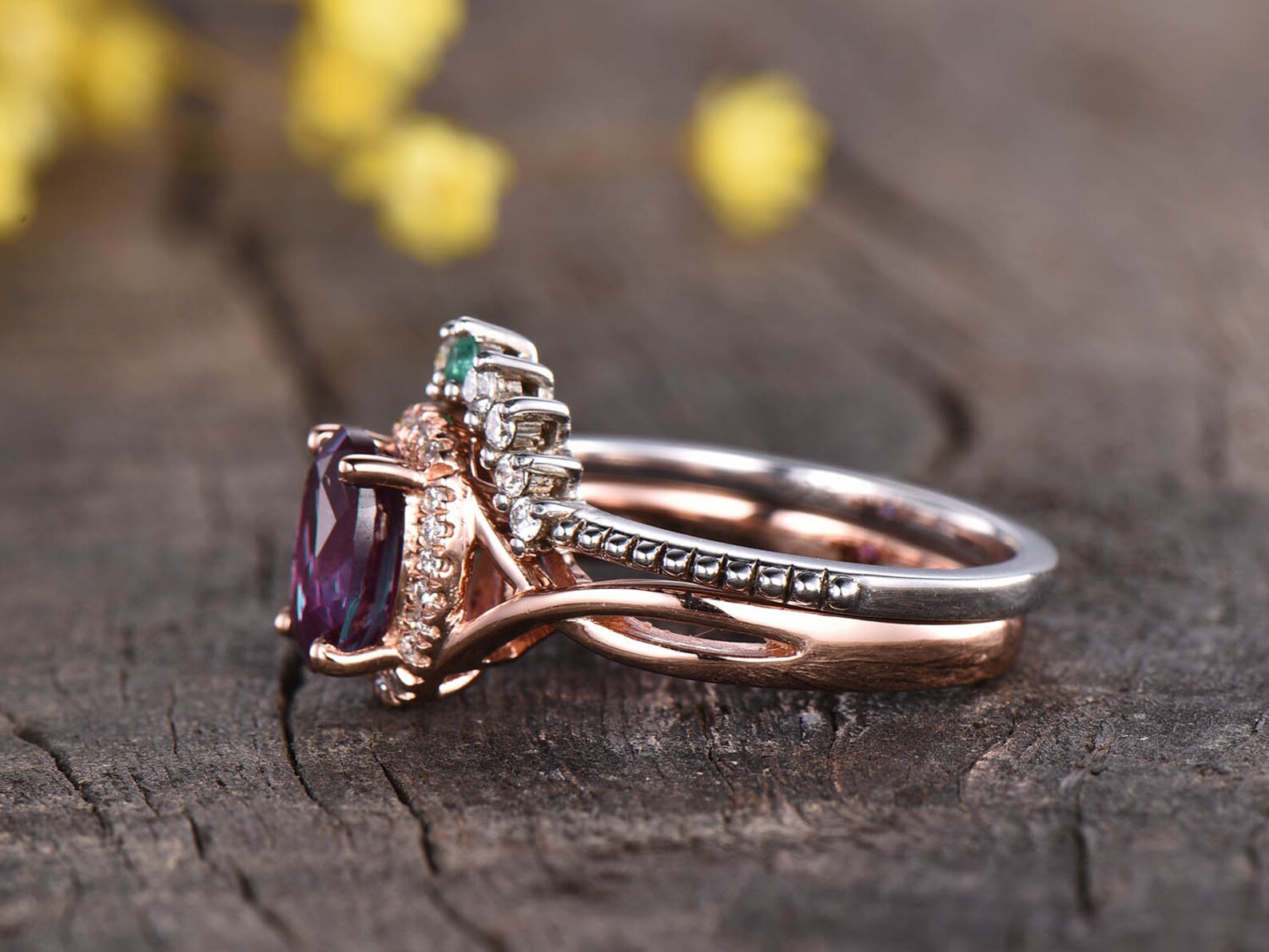 Alexandrite Engagement Ring Set Diamond Emerald Crown Wedding - Etsy