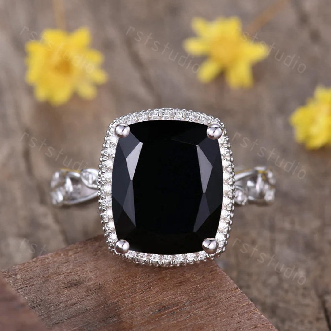 Black Spinel Engagement Ring Flora Diamond Ringunique Spinel Ring Black ...