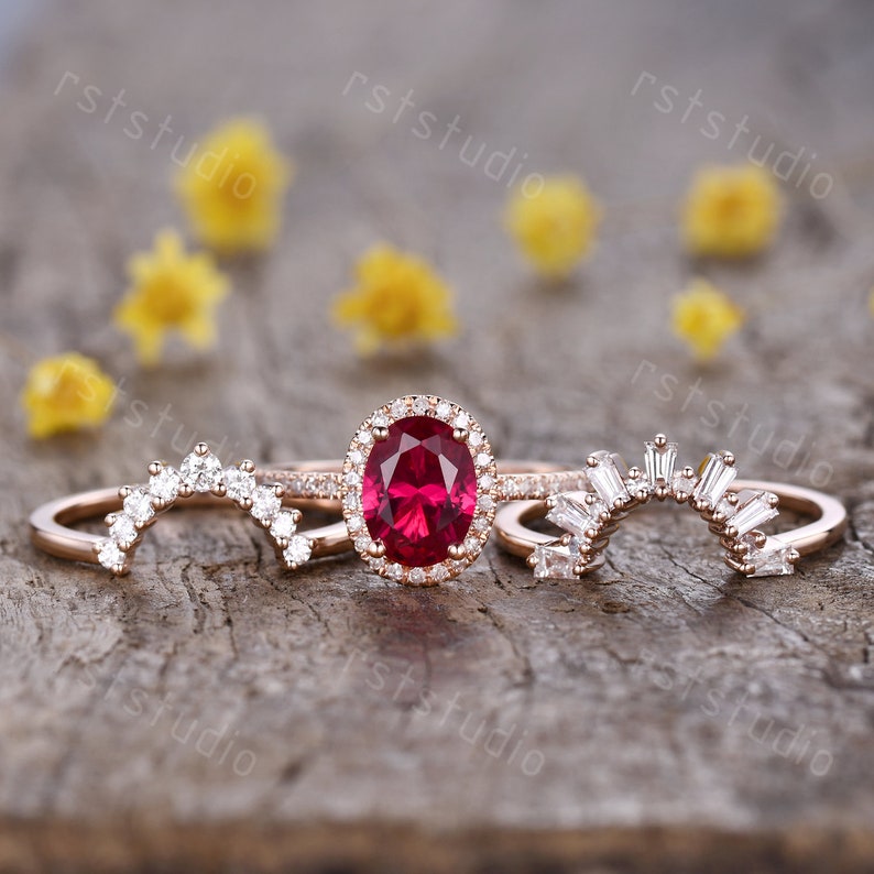 Ruby Engagement Ring Set Rose Goldvintage Ruby Rings for - Etsy