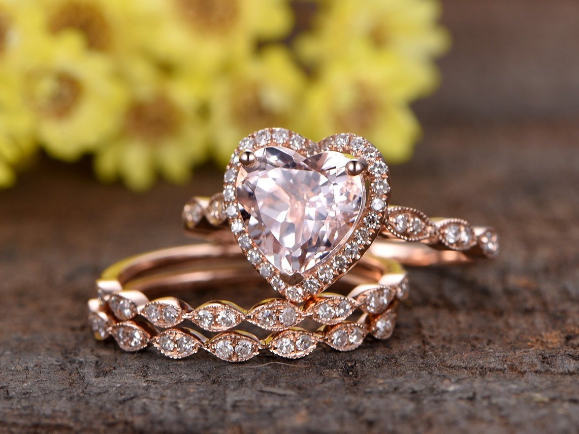 3pcs 1.8ct Heart Shape Morganite Engagement Ring Set Antique Marquise ...