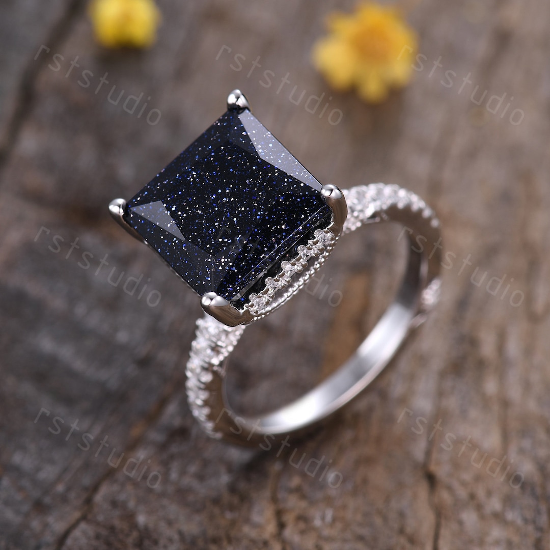Big Stone Ring 10x10mm Princess Cut Blue Sandstone Engagement Ring ...