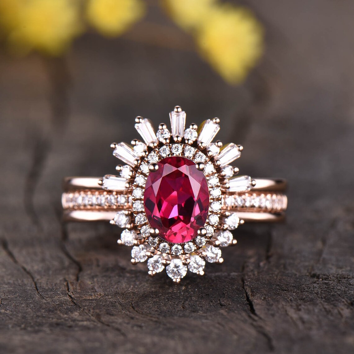 Ruby Engagement Ring Set Rose Goldvintage Ruby Rings for - Etsy