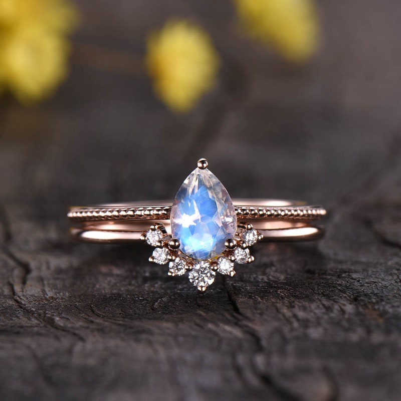 Moonstone Wedding Ring Set - Etsy