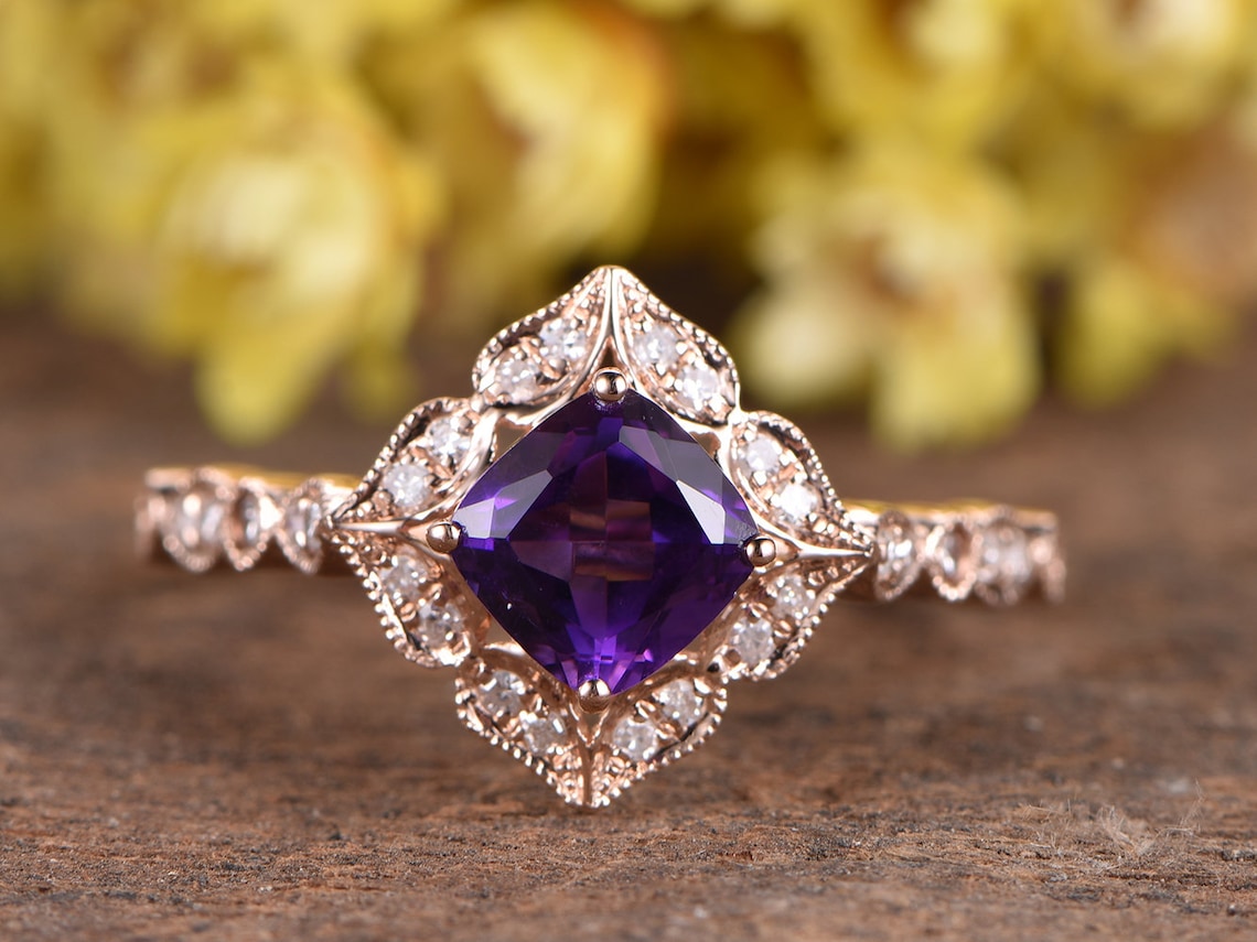 Unique Amethyst Engagement Ring Rose Gold Art Deco Diamond Wedding Band ...