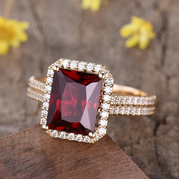 Natural Garnet Engagement Ring Vintage Garnet Ring Diamond - Etsy