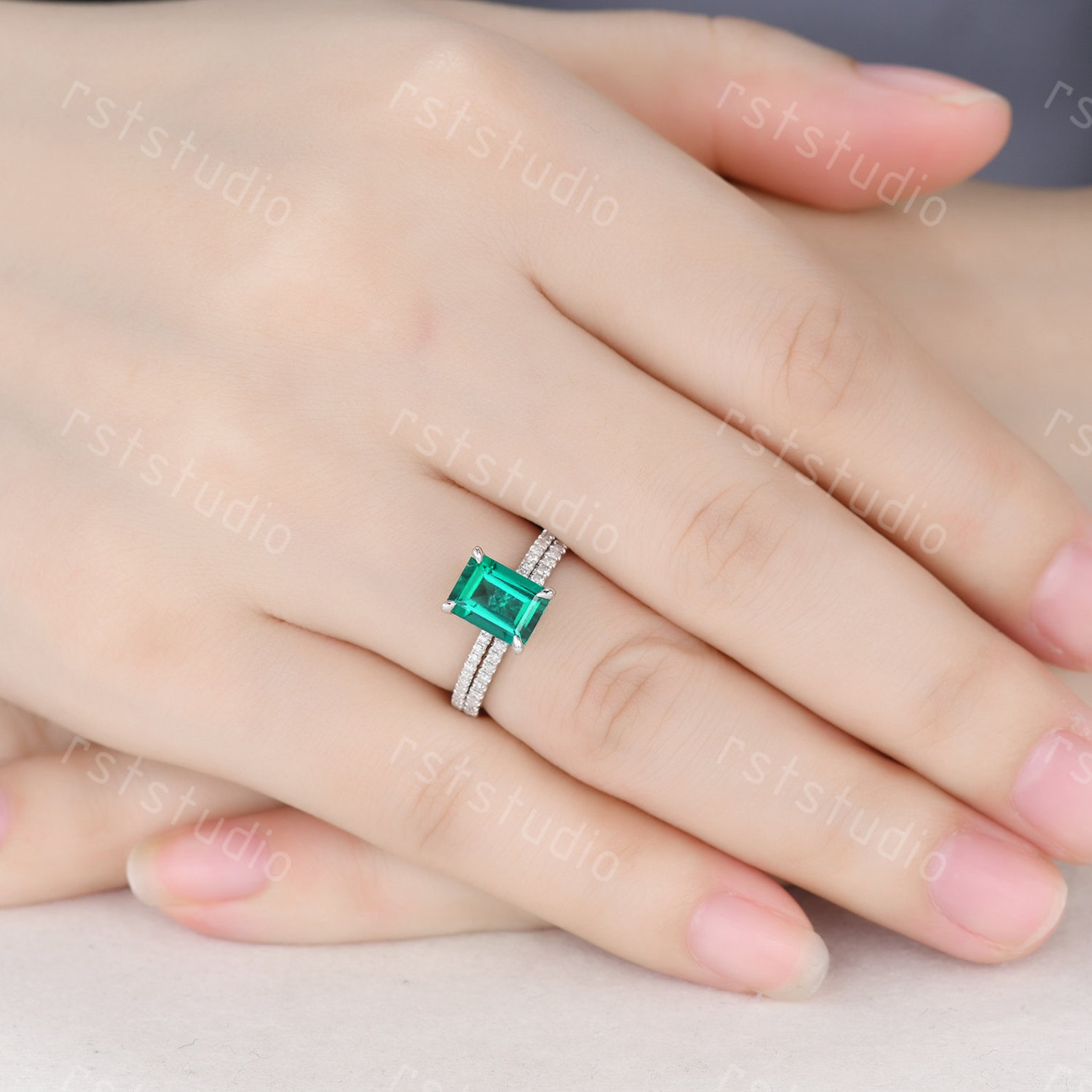 1.5ct Green Emerald Engagement Ring Set, Emerald Cut Birthstone Ring ...