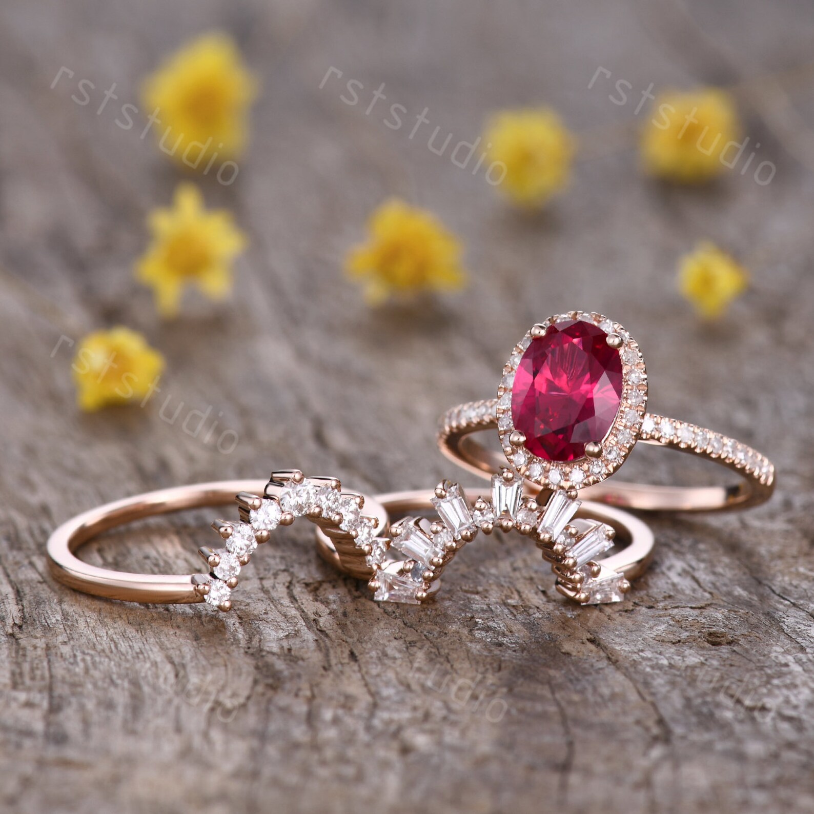 Ruby Engagement Ring Set Rose Goldvintage Ruby Rings for - Etsy