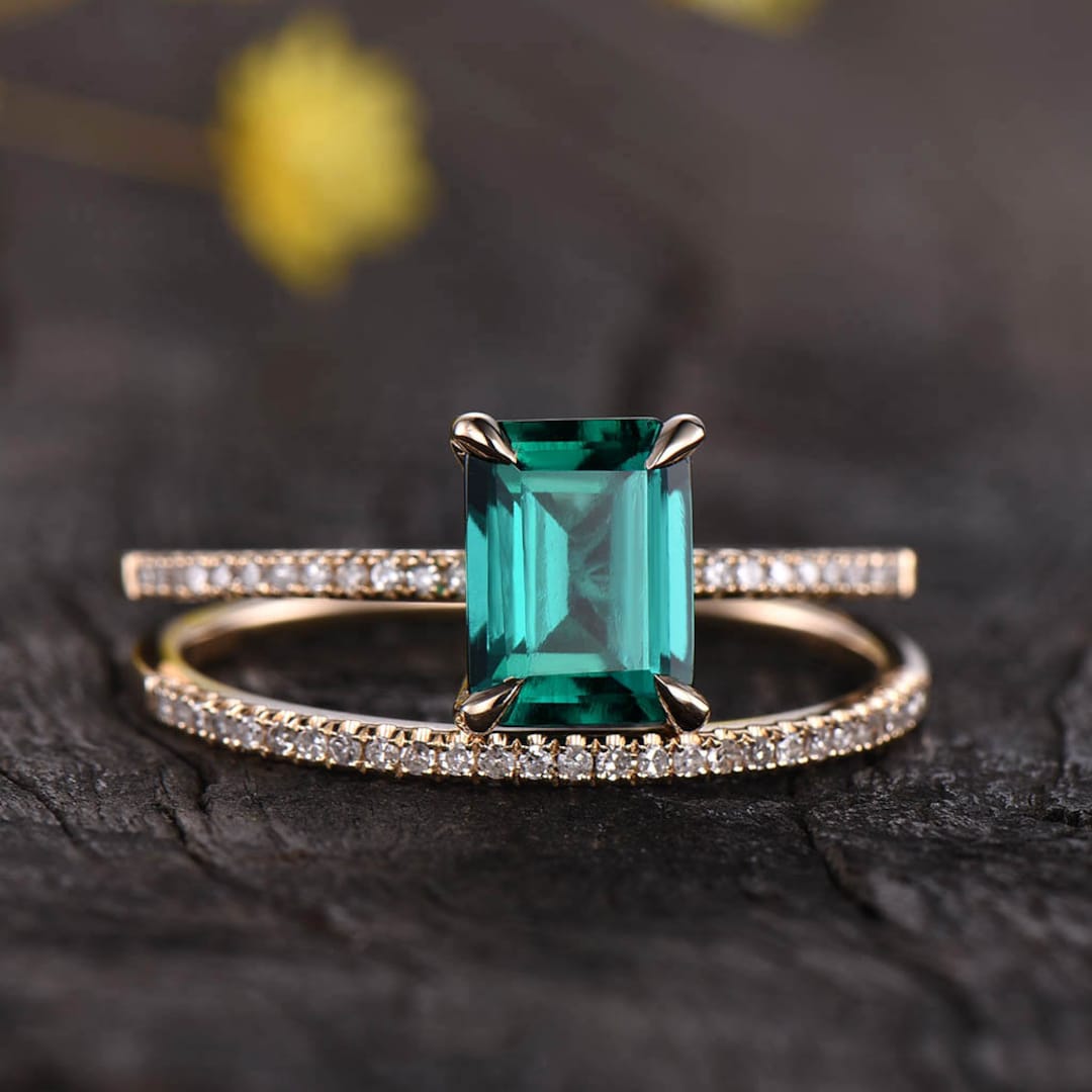 1.5ct Green Emerald Engagement Ring Set, Emerald Cut Birthstone Ring ...