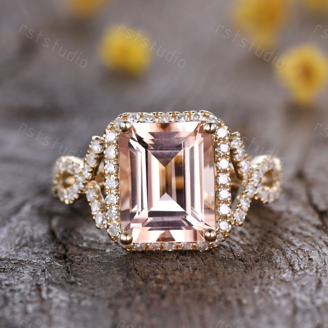 Natural Emerald Cut Morganite Engagement Ring Twist Band Promise ...
