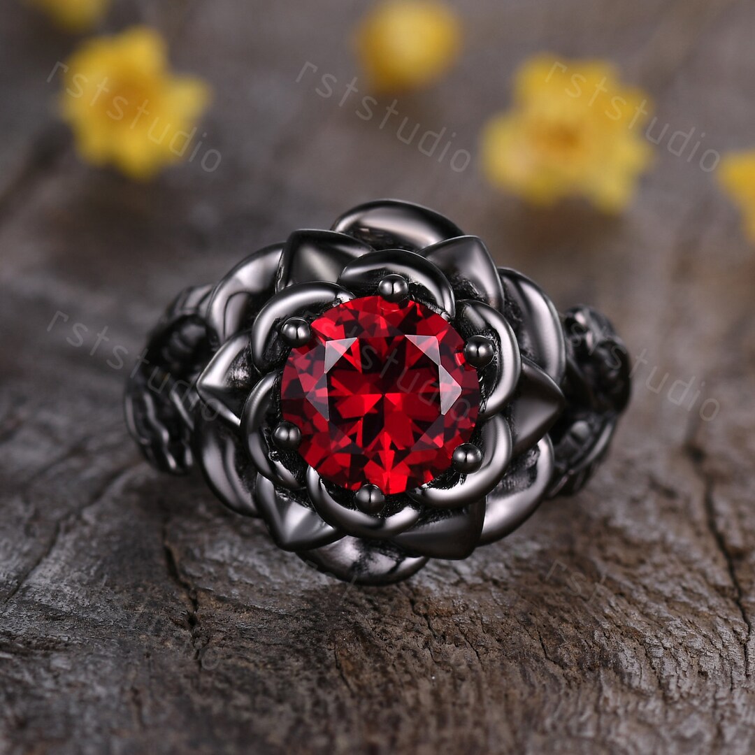 Solid Black Gold Rose Flower Engagement Ring, Round Cut Red Ruby ...