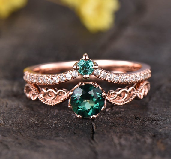 Antique Emerald Engagement Ring Set vintage Emerad Ring Art Deco Wedding Band May Birthstone Ring antique Emerald Jewelry Anniversary Gifts Etsy