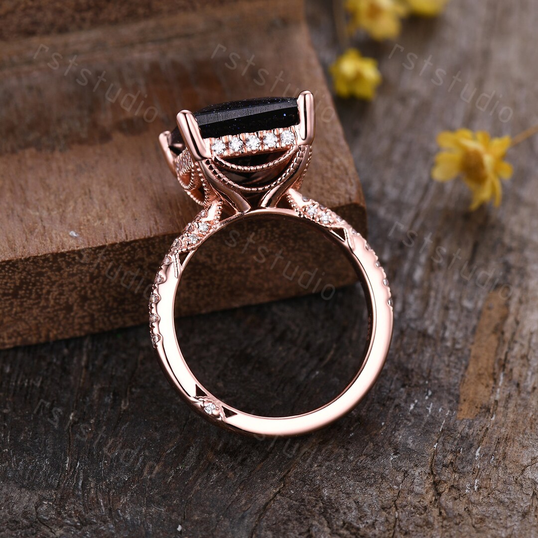 Blue Sandstone Engagement Ring Diamond Wedding Band 10x10mm Princess ...