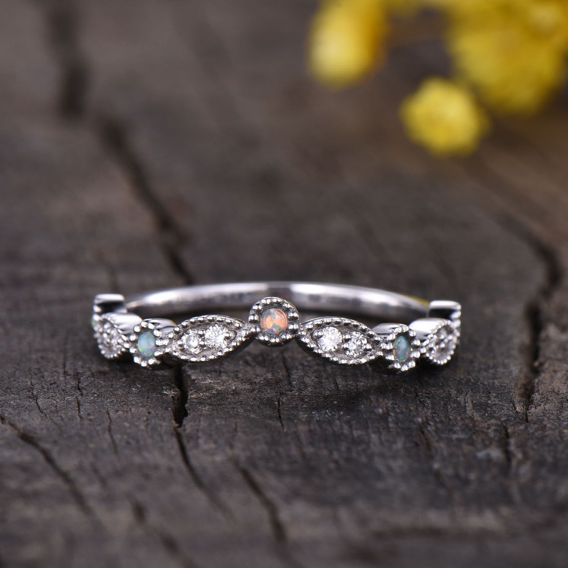 Opal Weddding Ring Art Deco Diamond Curved Wedding Band - Etsy