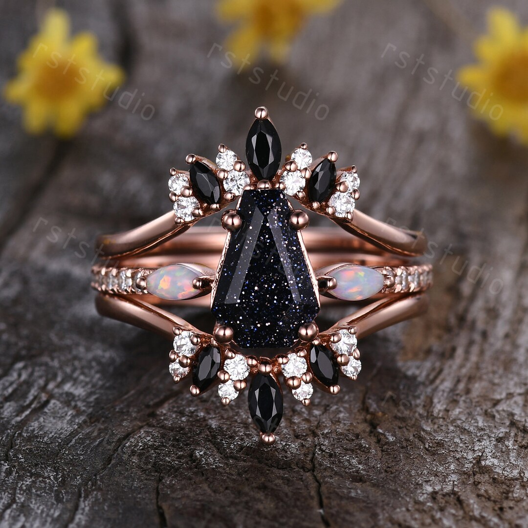 Retro Coffin Cut Blue Sandstone Engagement Ring Set Galaxy Sandstone ...