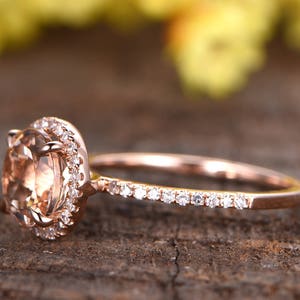 Morganite Engagement Ring, 14K Rose Gold Diamond Band, Peach Gemstone ...