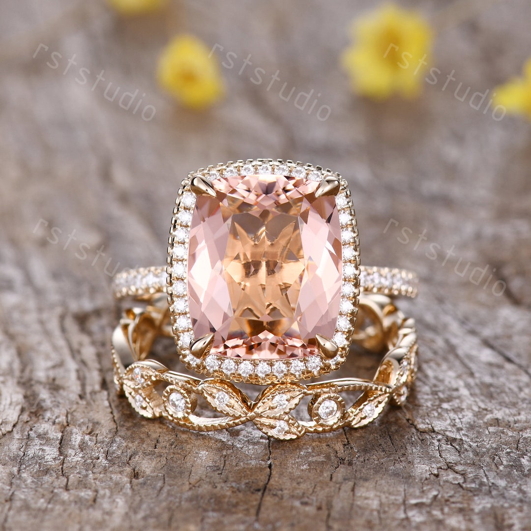 5ct Cushion Morganite Engagement Ring Set: 14K Rose Gold Floral Diamond ...