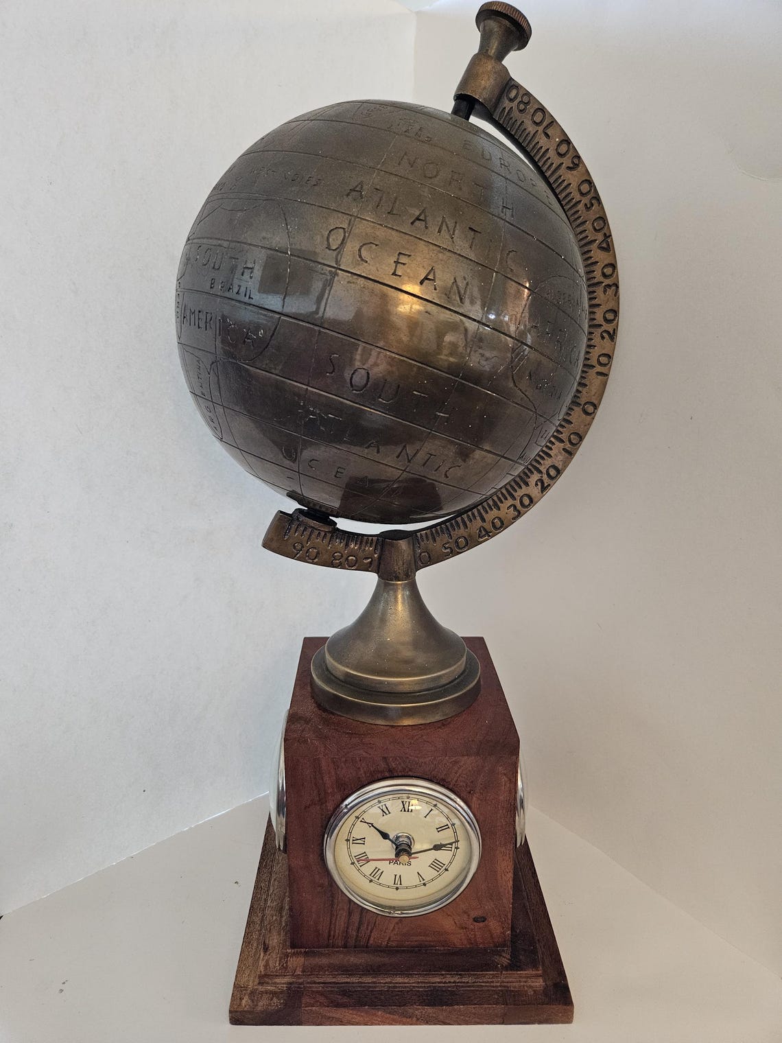 Vintage Etched Brass Sphere Globe Sphere With Wood Base 4 Clocks 19.5 ...