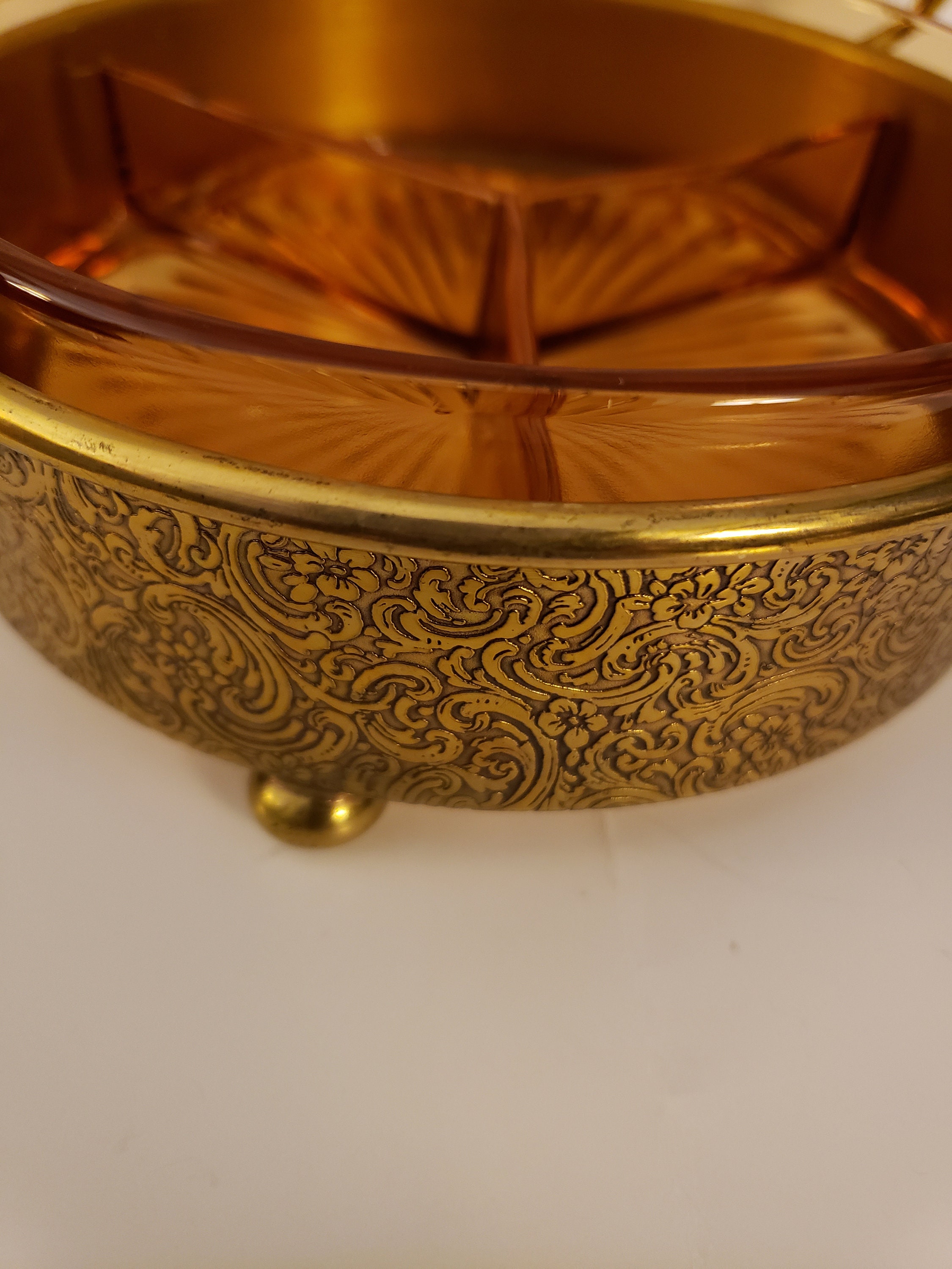 2 Vintage W.B. MFG CO. USA Brocade Brass and Glass Amber Dish 3723 3719 ...