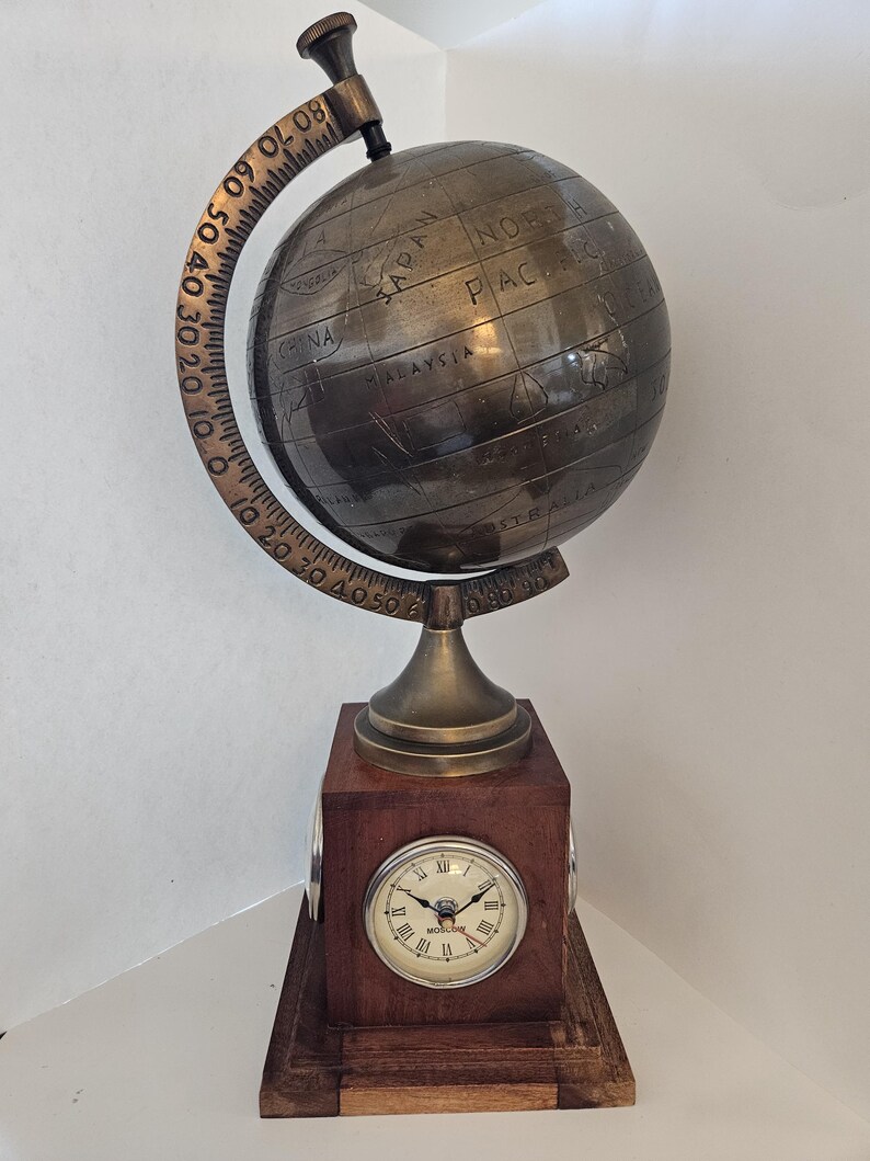 Vintage Etched Brass Sphere Globe Sphere With Wood Base 4 Clocks 19.5 ...