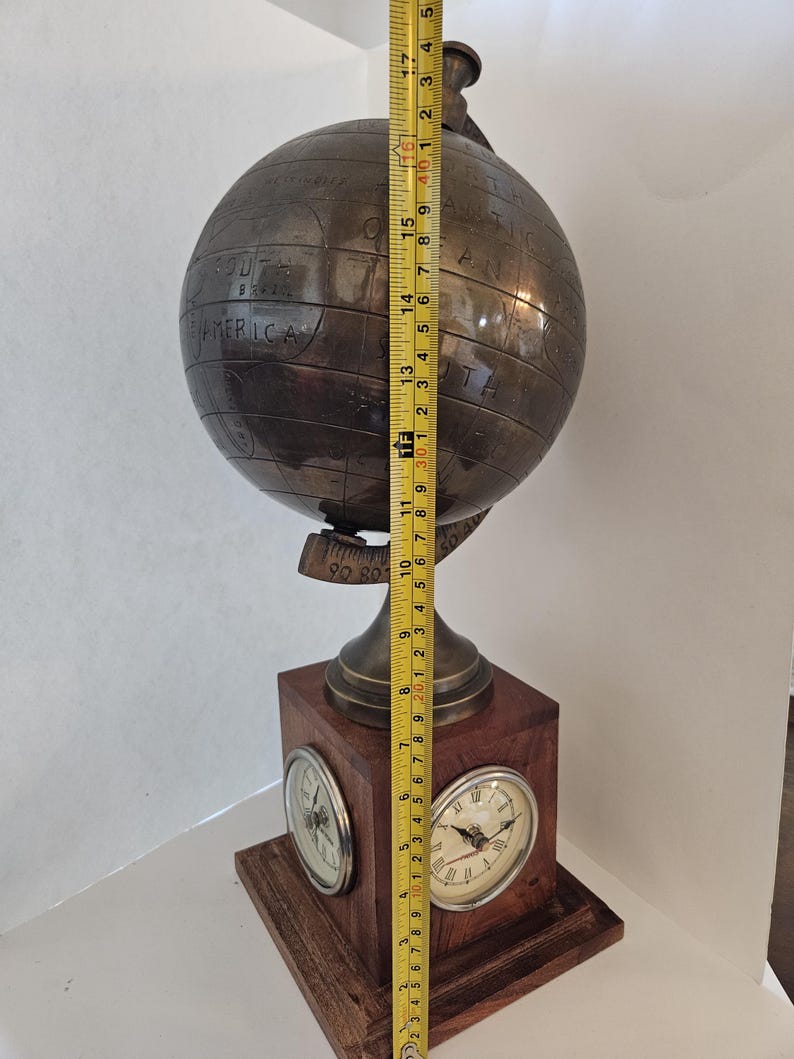 Vintage Etched Brass Sphere Globe Sphere With Wood Base 4 Clocks 19.5 ...