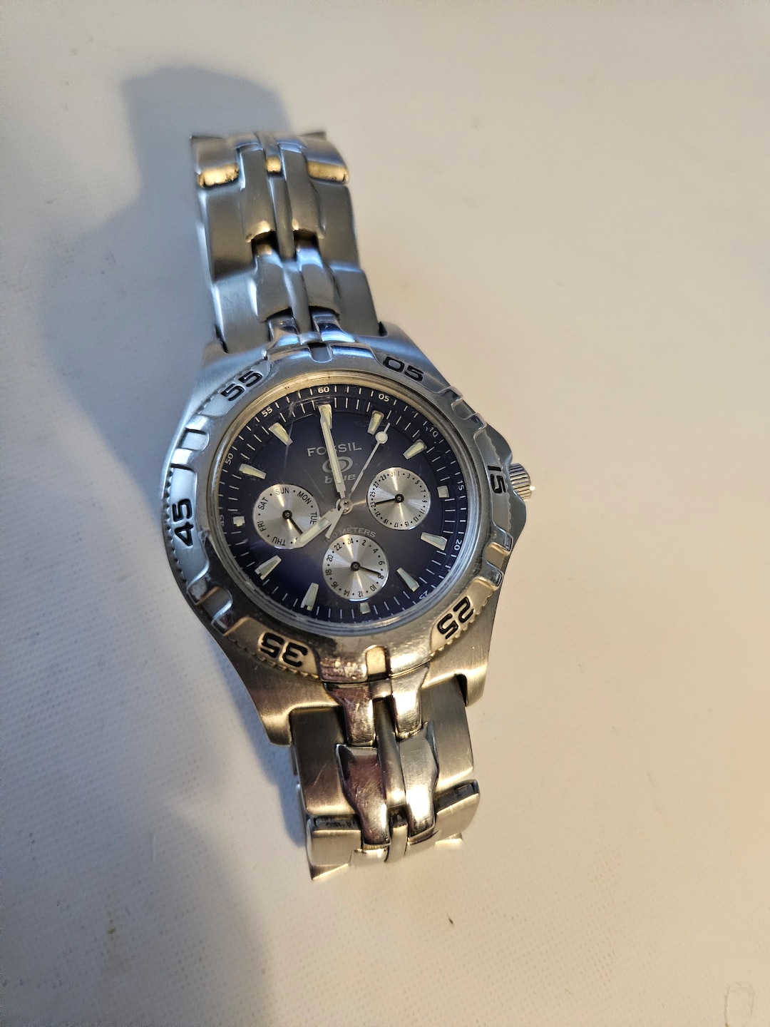 Fossil Blue Watch Men 35mm Silver Tone Round Dial Day Date New Battery ...
