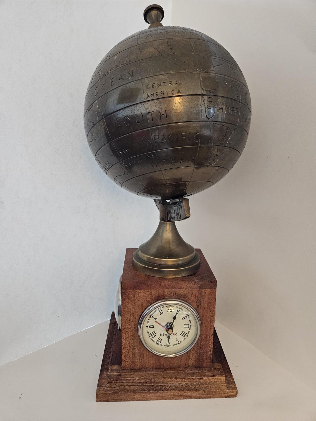 Vintage Etched Brass Sphere Globe Sphere With Wood Base 4 Clocks 19.5 ...