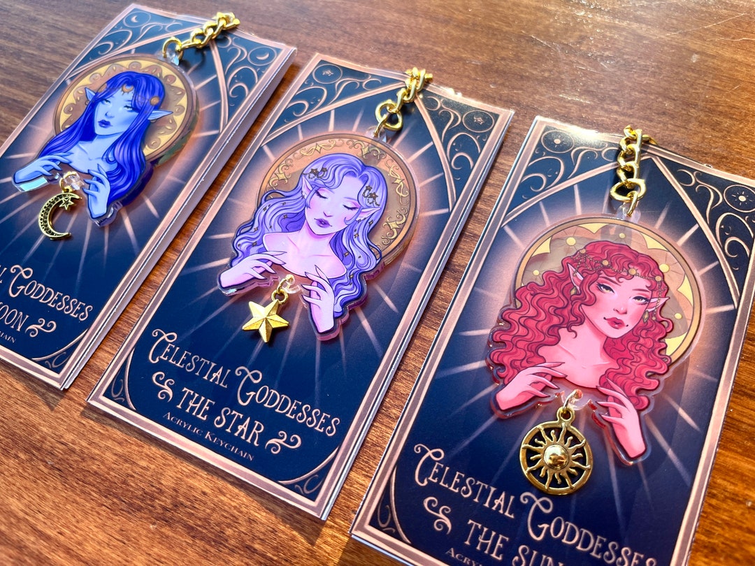 Celestial Goddess Keychain With Mystery Gold Charm | Sun, Moon, Star ...