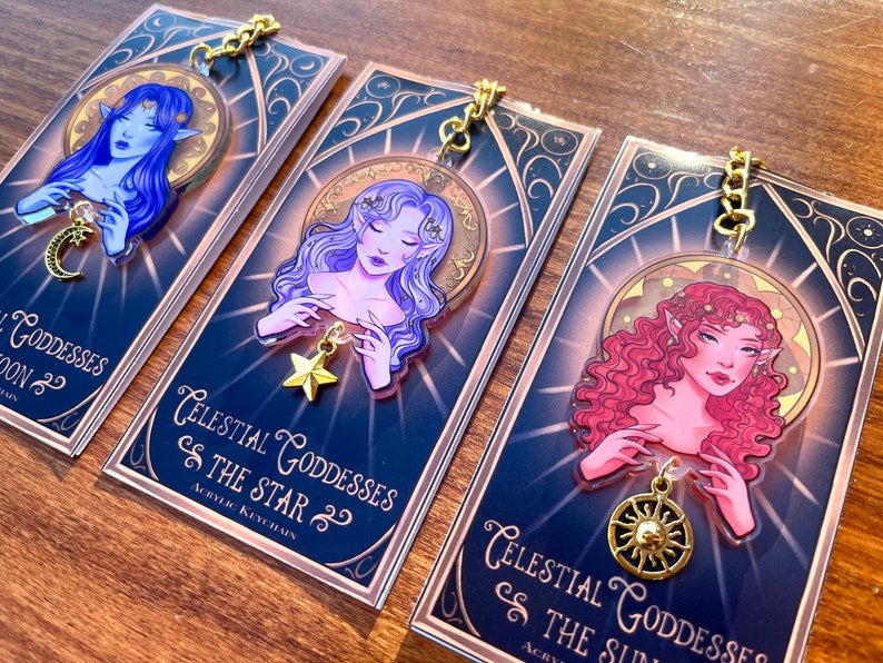 Celestial Goddess Keychain With Mystery Gold Charm | Sun, Moon, Star ...