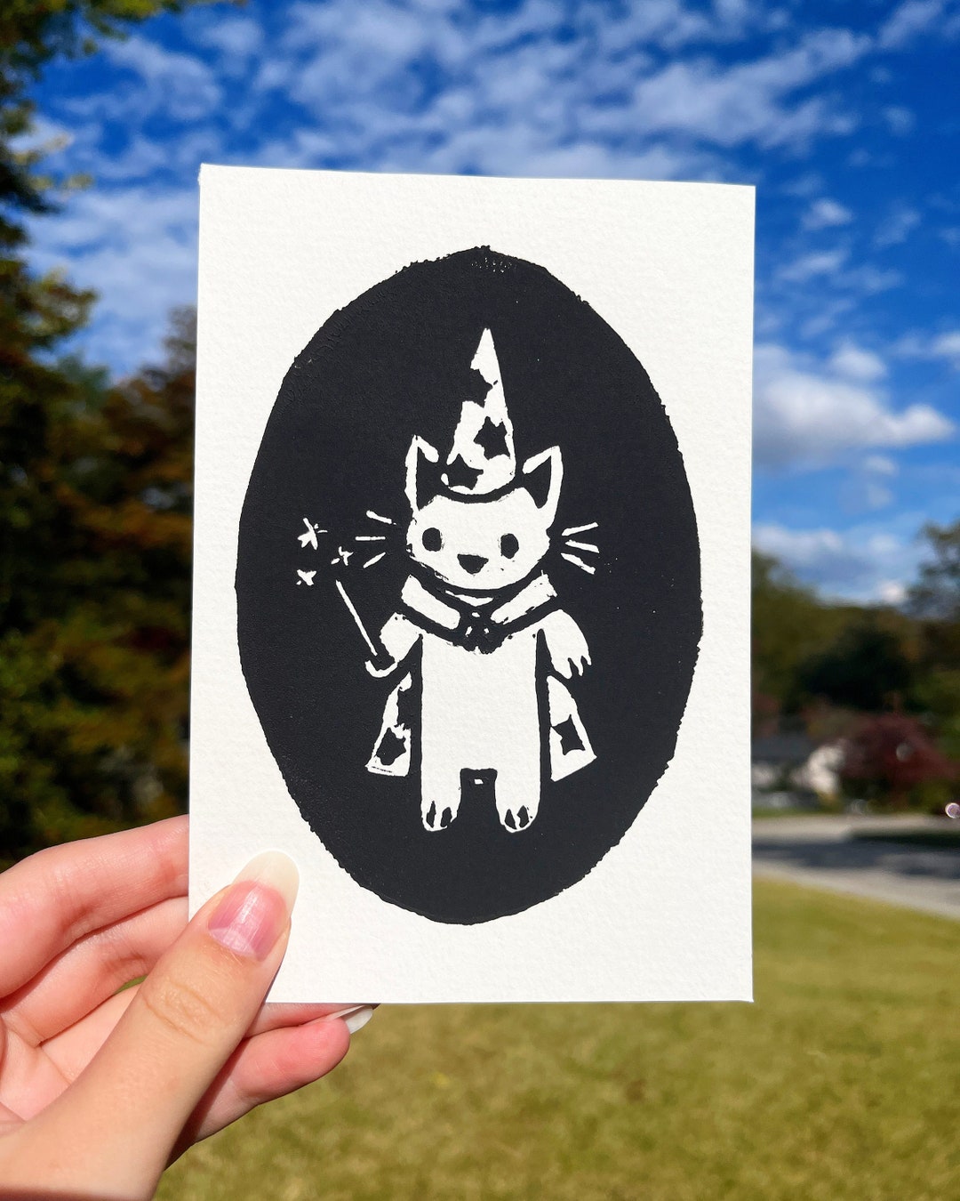 Magical Wizard Cat Linocut Block Print | 4 X 6 Mini Print | Printmaking ...