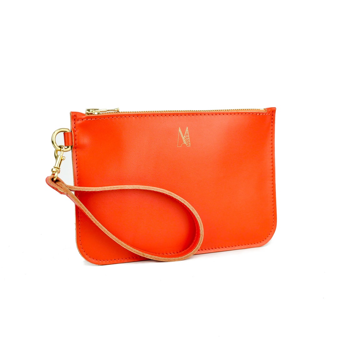 Orange Leather Clutch Bag Handmade // Soft Italian Leather Wristlet ...