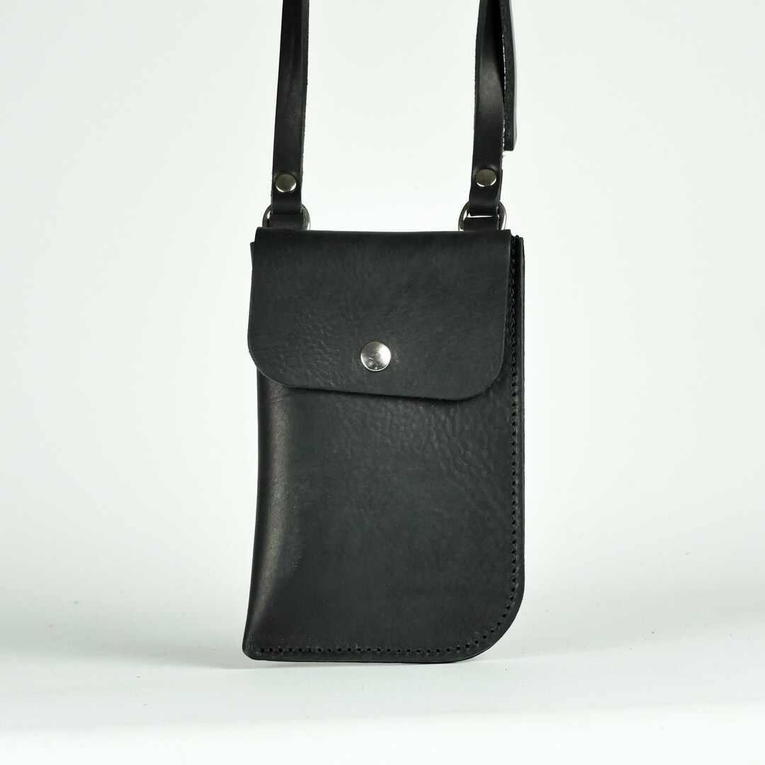 Black Leather Phone Pouch Handmade Leather Sling Bag Leather Neck Pouch ...
