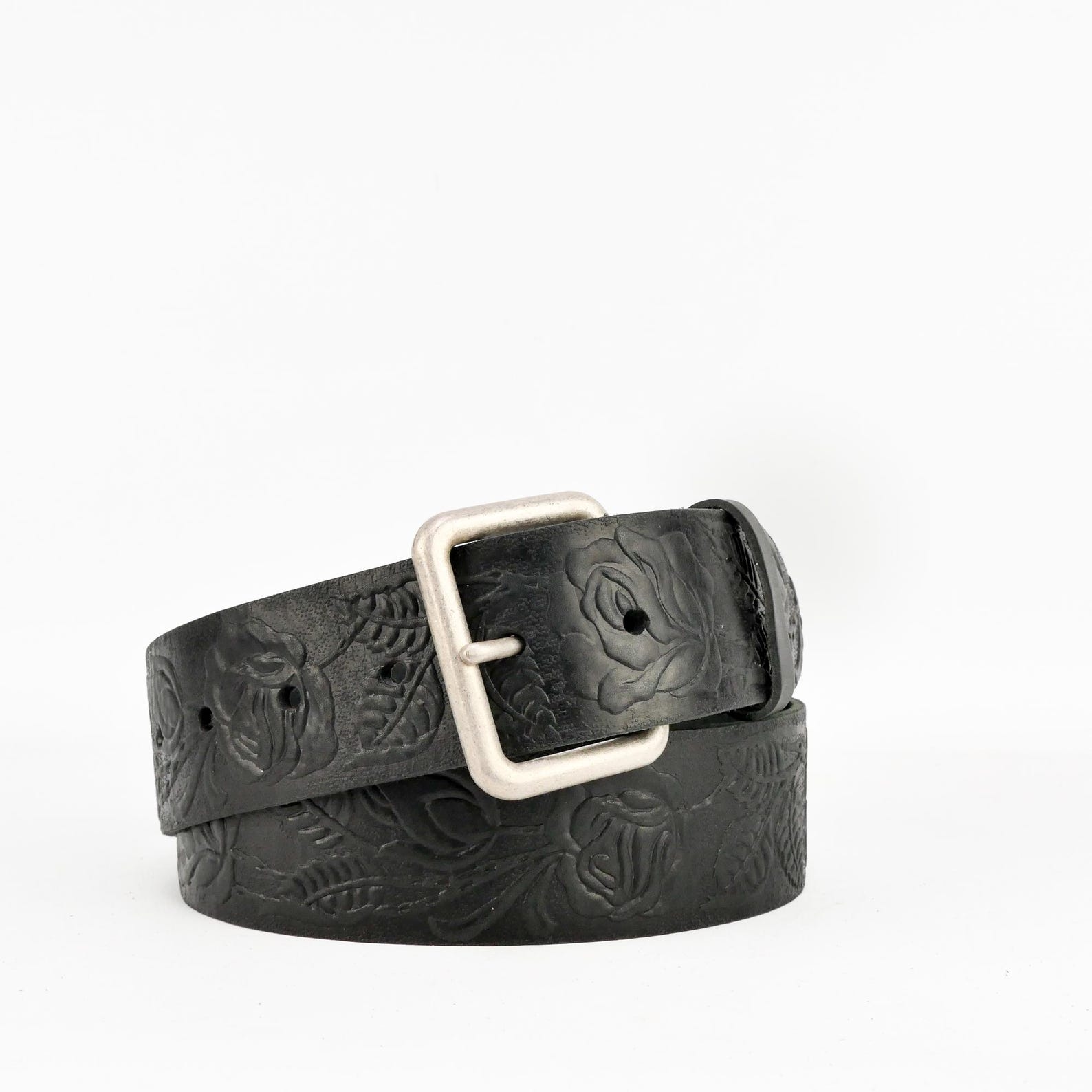 Handmade Embossed Floral Black Leather Belt, Full Grain Italian Veg Tan ...