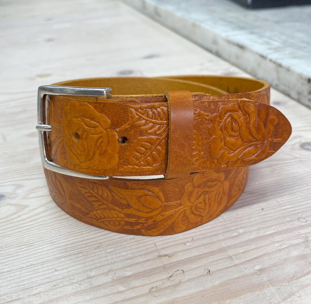 Embossed Floral Leather Belt | Mustard Brown, Handmade in London (30 ...
