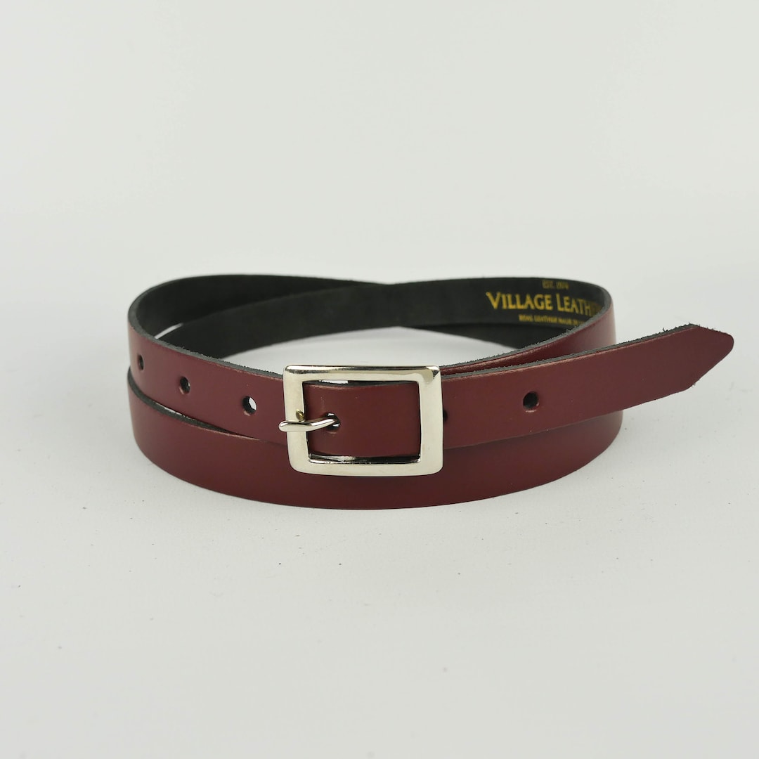 Handmade Burgundy Leather Skinny Belt, 20mm Maroon Belt, Silver Buckle ...