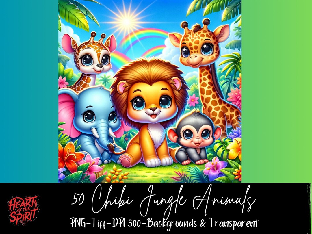Chibi Jungle Animals Clipart Bundle 50 High-res 300 DPI PNG & TIFF ...