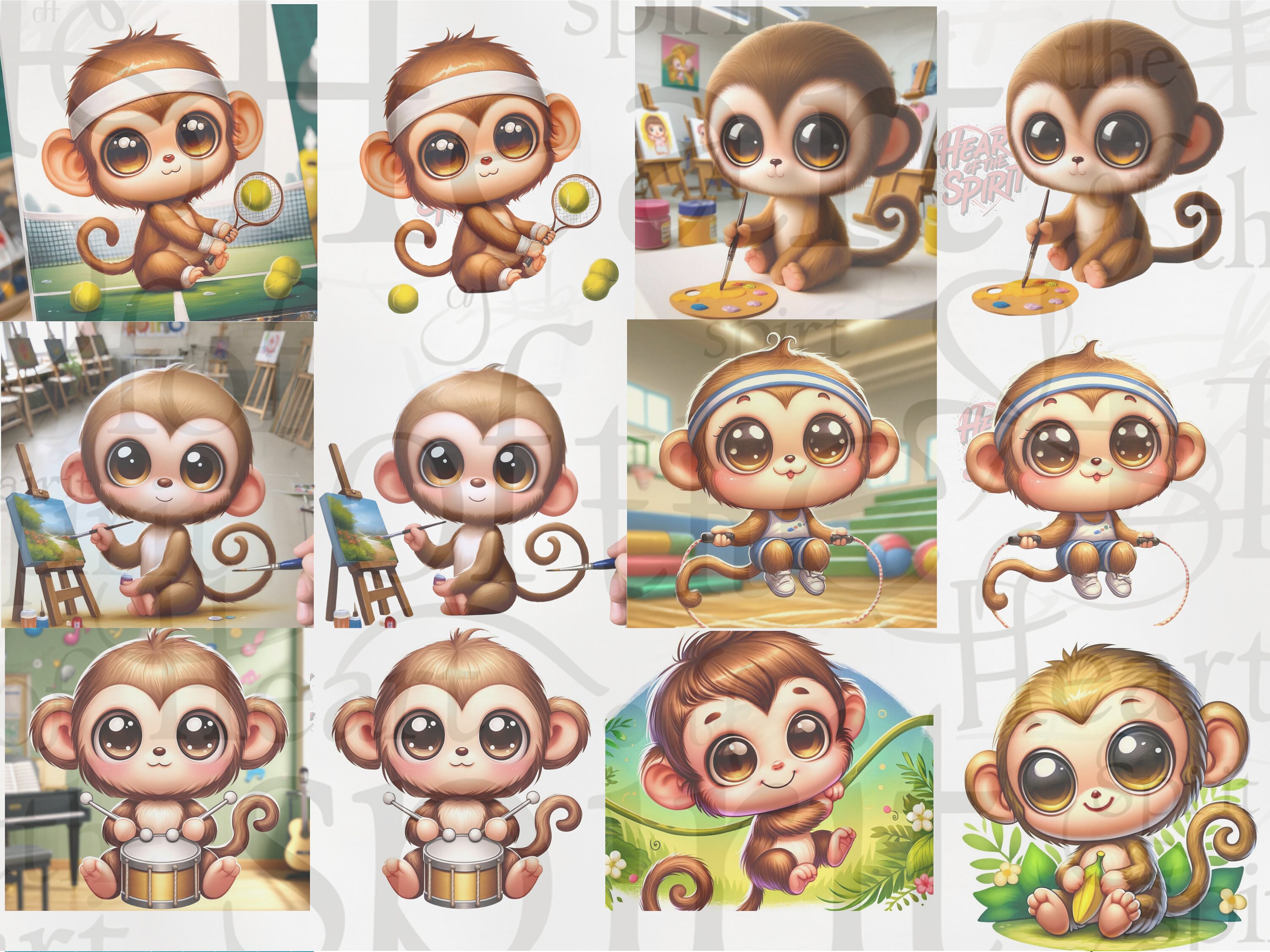 Chibi Monkey Clipart Bundle Cute Animal PNG Digital Download for Crafts ...