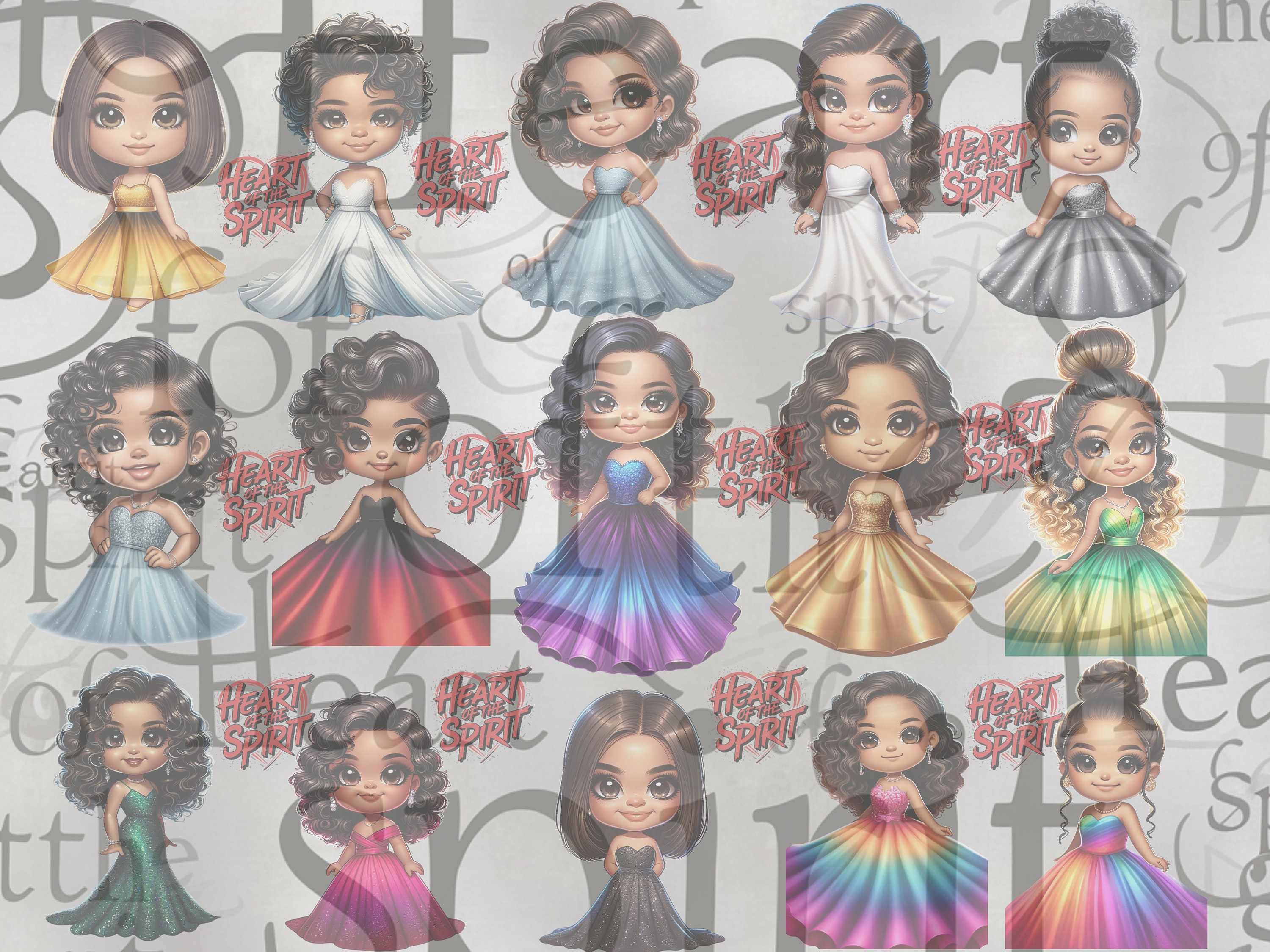 Chibi Girls Clipart – Formal Gowns, City Lights Backgrounds (PNG & TIFF ...