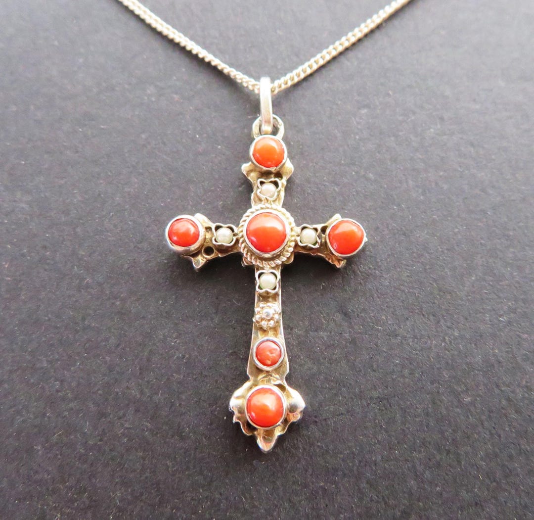 Vintage Silver & Coral Cross Pendant Necklace, Pretty Christian Cross ...
