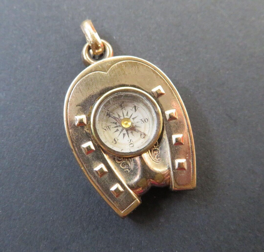 Antique Brass Horseshoe Compass Fob, Unusual Pendant, Early 20th ...