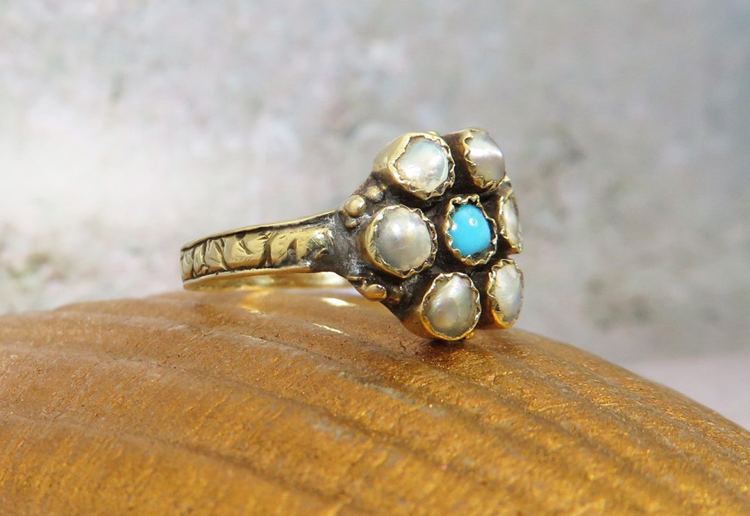 Antique Georgian Gold Ring With Seed Pearls & Turquoise Stone, Size N ...